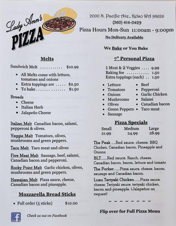 Menu at Lady Ann's Pizza pizzeria, Kelso