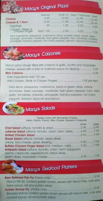 Menu at Macy’s Place Pizzeria, Cheektowaga