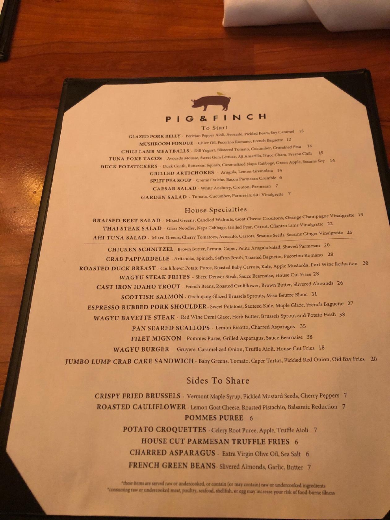 Menu at Pig & Finch pub & bar, Leawood