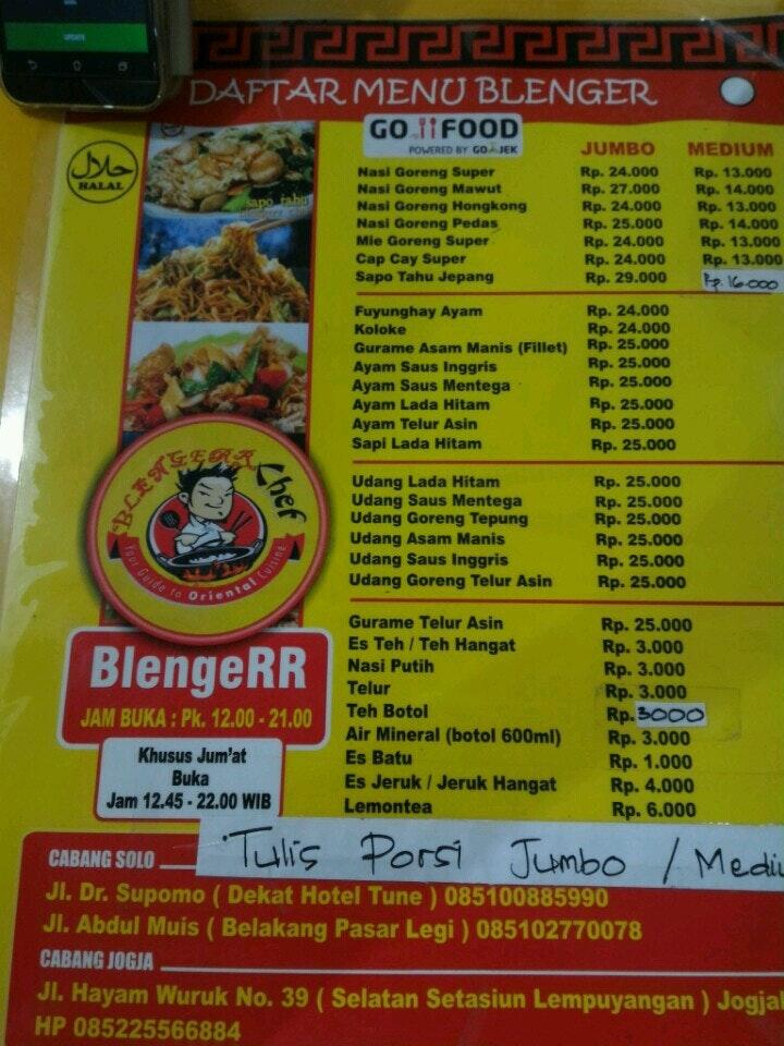 Menu at RM Blengerr restaurant, Surakarta, Jl. Abdul Muis No.14