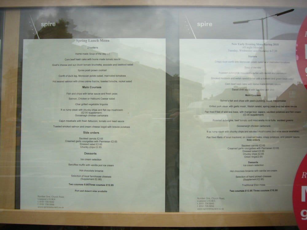 Menu at Spire restaurant, Liverpool