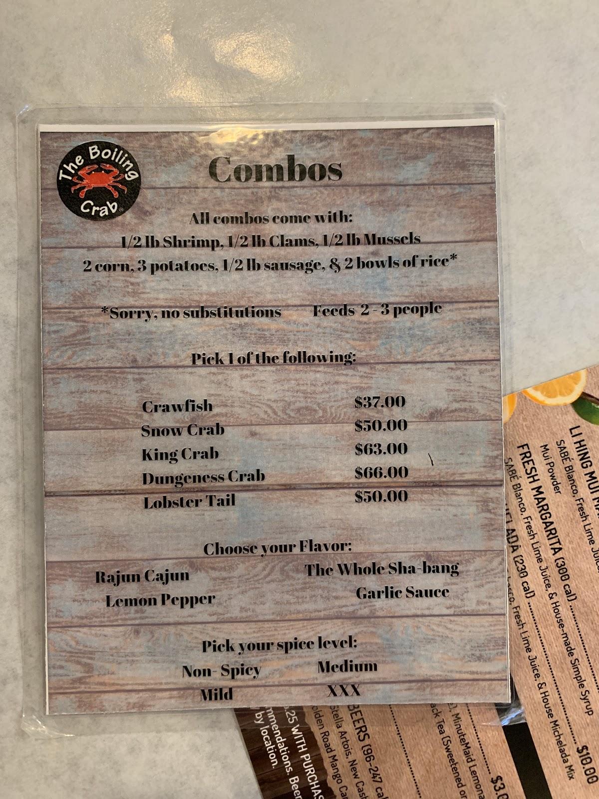 Menu at The Boiling Crab restaurant, Honolulu