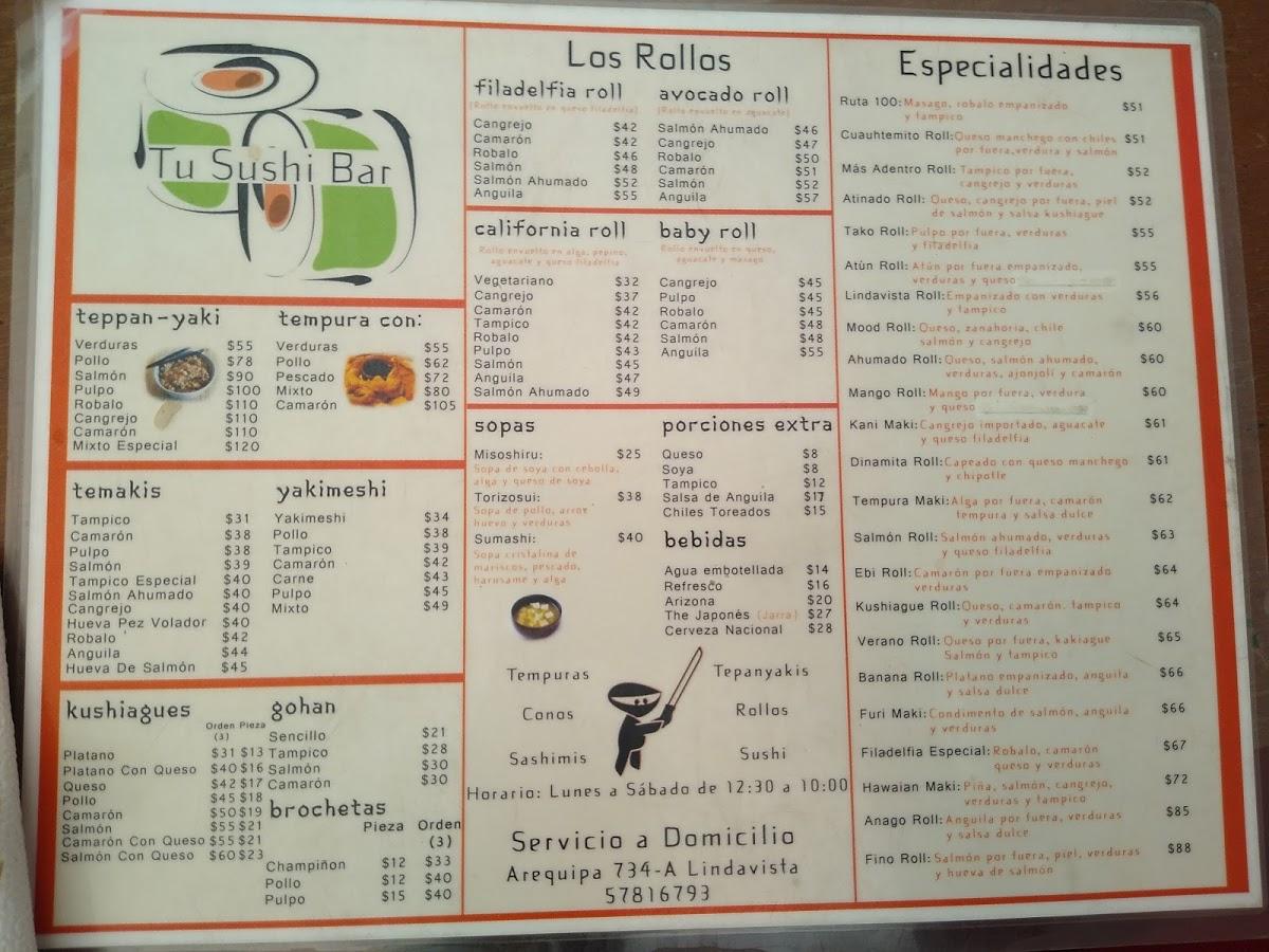 Menu at Tu Sushi Bar, Mexico City
