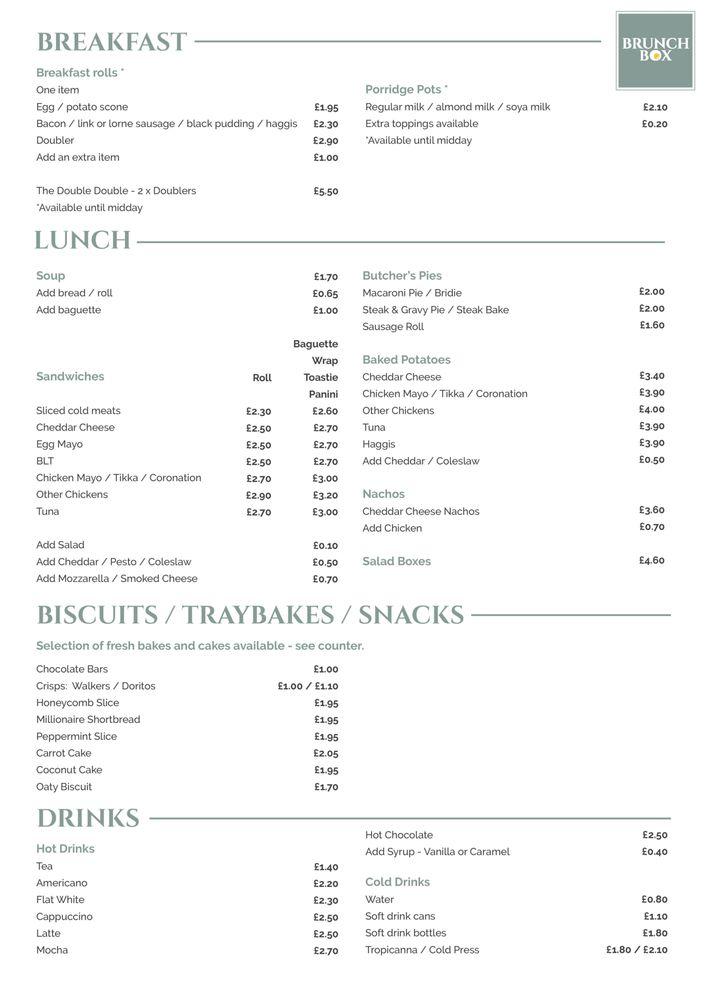 Menu at Brunch Box fast food, Penicuik