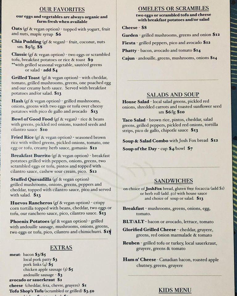Menu at Cafe Phoenix, Arcata