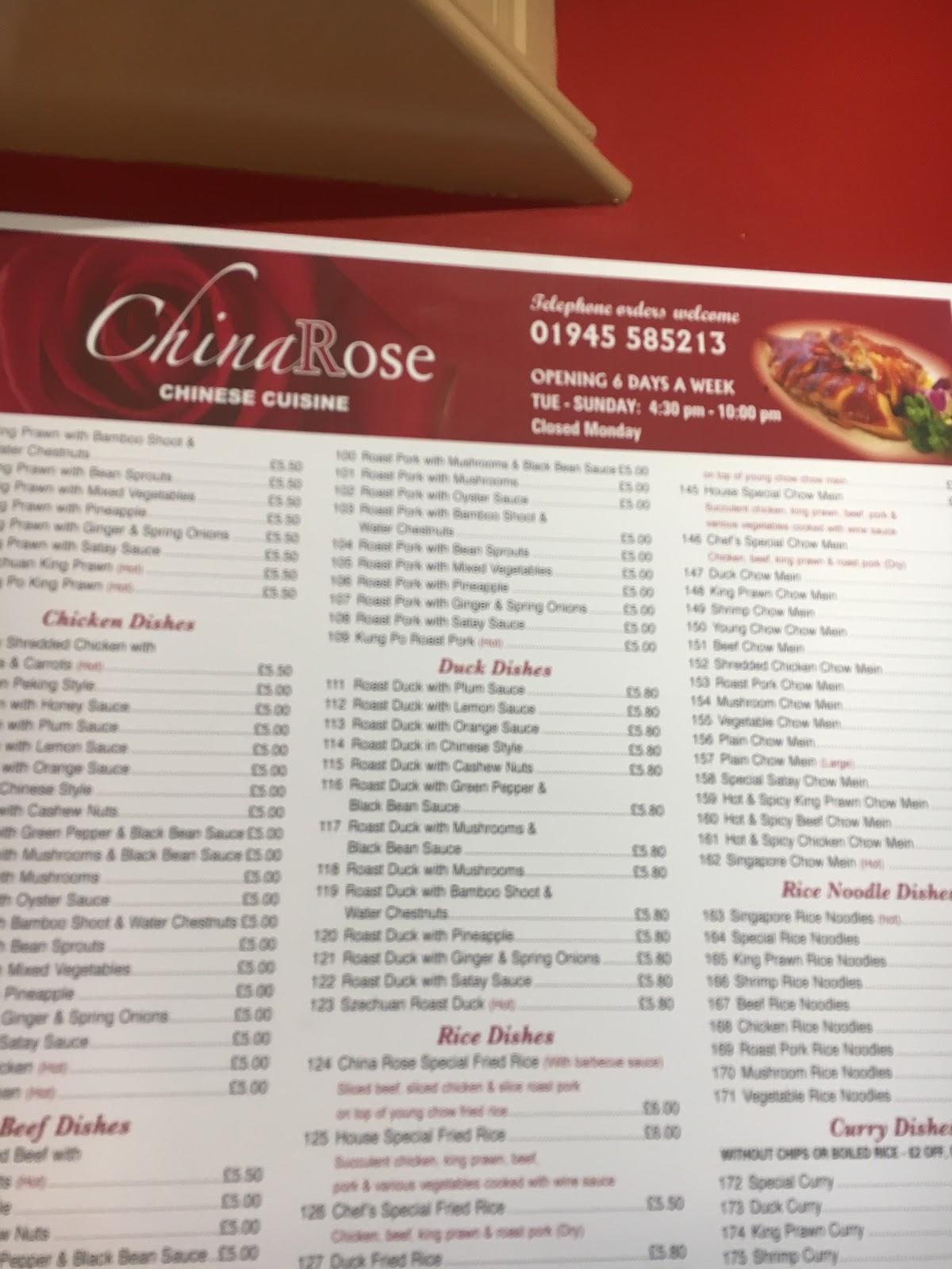 Carta de comida rápida China Rose, Wisbech
