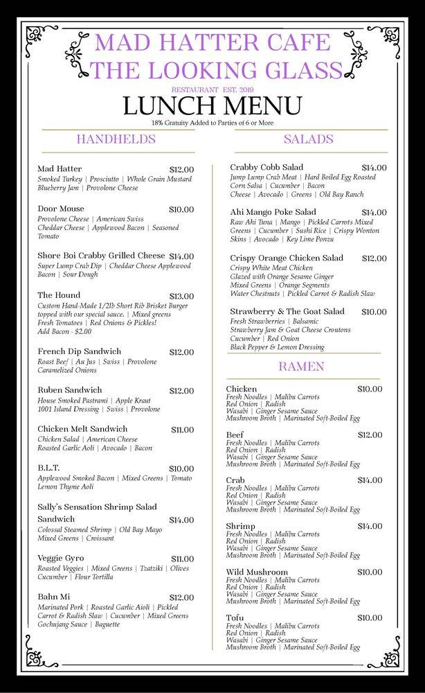Menu at Mad Hatter Cafe The Looking Glass, Salisbury