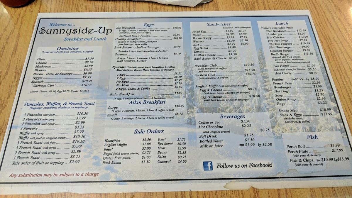 Menu at Sunnyside Up restaurant, Cornwall