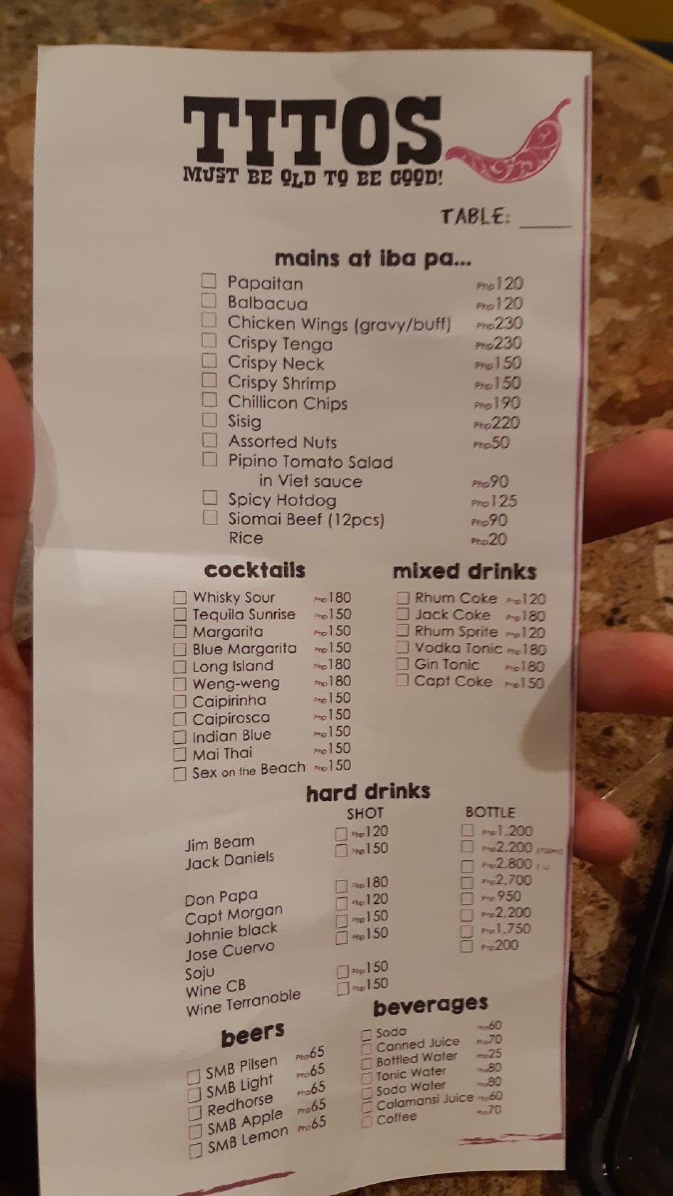 Menu at TITOS Palawan pub & bar, Puerto Princesa