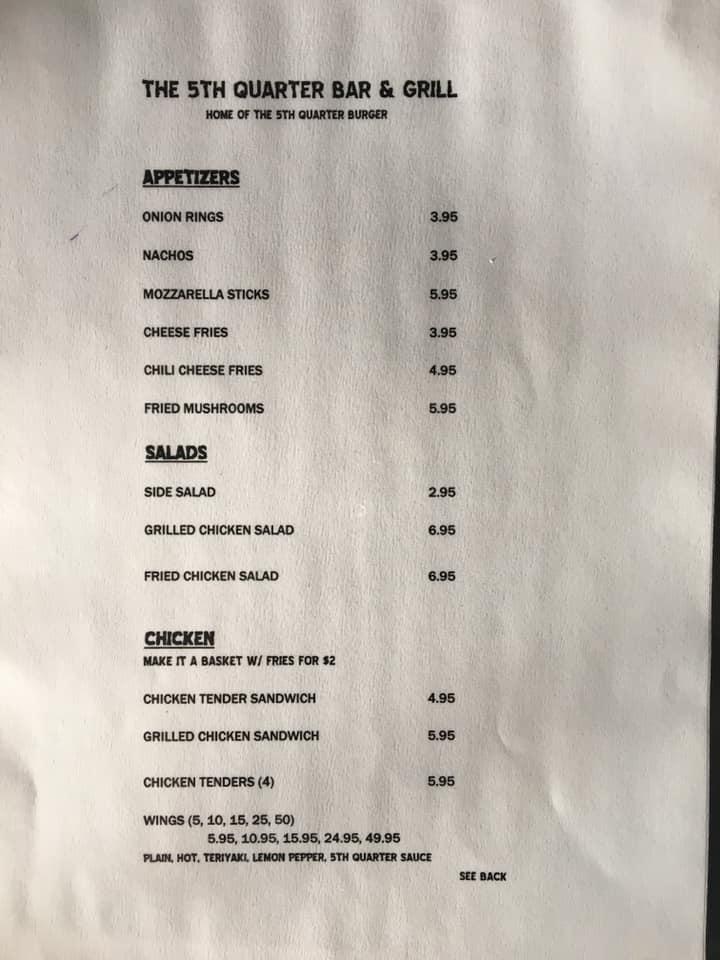 Menu at The 5th Quarter Bar and Grill, Gaston