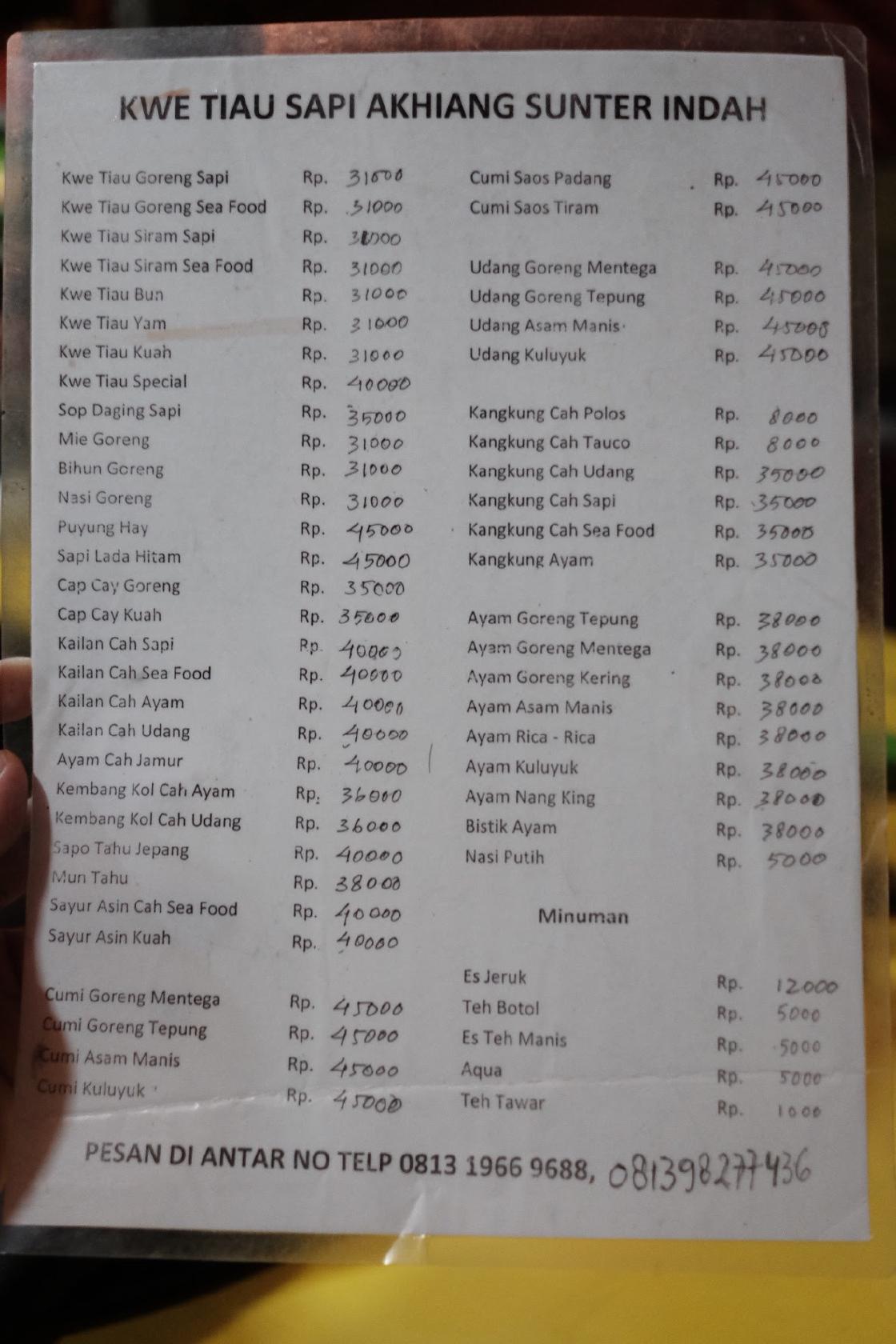 Menu at Kwetiauw Sapi Akhiang restaurant, North Jakarta, Jalan Taman ...