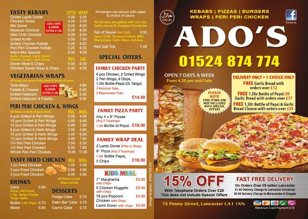 Menu at Ados pizzeria, Lancaster