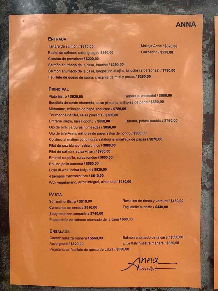 Menu at Anna Bistró restaurant, Mendoza