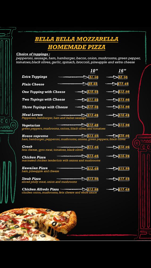Menu at Bella Bella Mozzarella restaurant, Lavonia