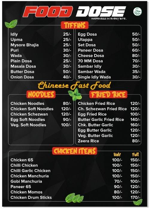 Menu at Food Dose, Hyderabad, 9F39+XP7