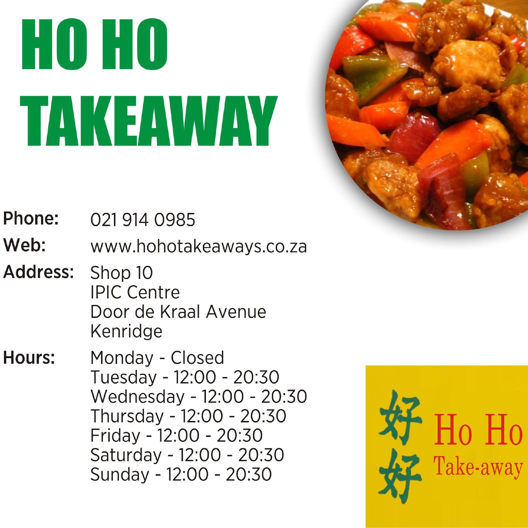 Menu at Ho - Ho Take - Aways restaurant, Cape Town