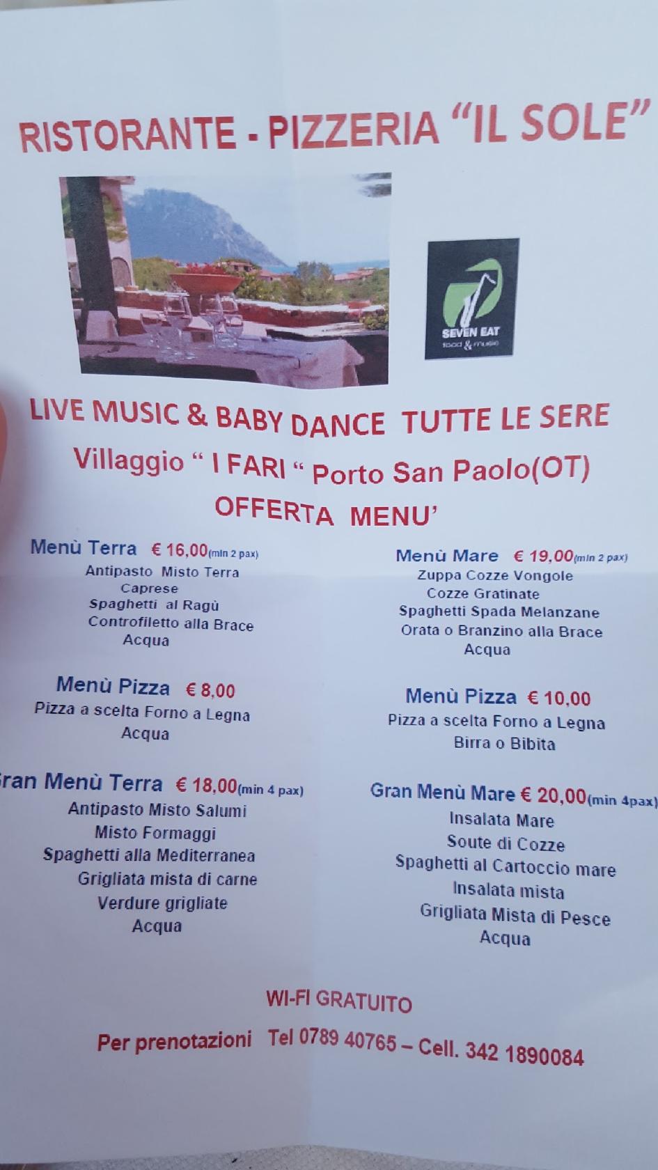 Menu da Il Sole ristorante, Porto San Paolo