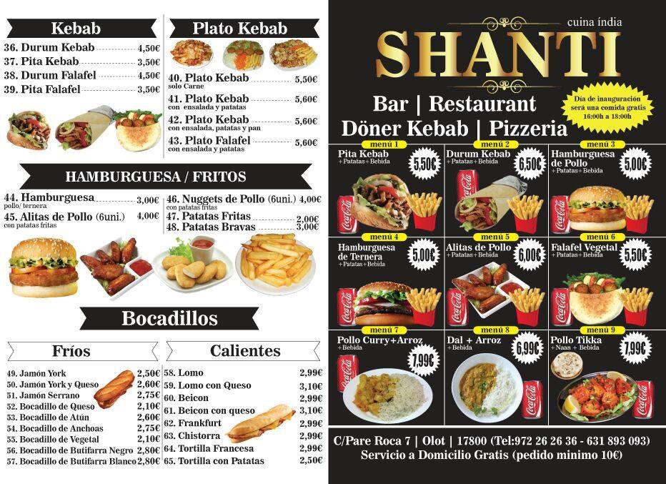 Menu at Indian Shanti restaurant, Olot