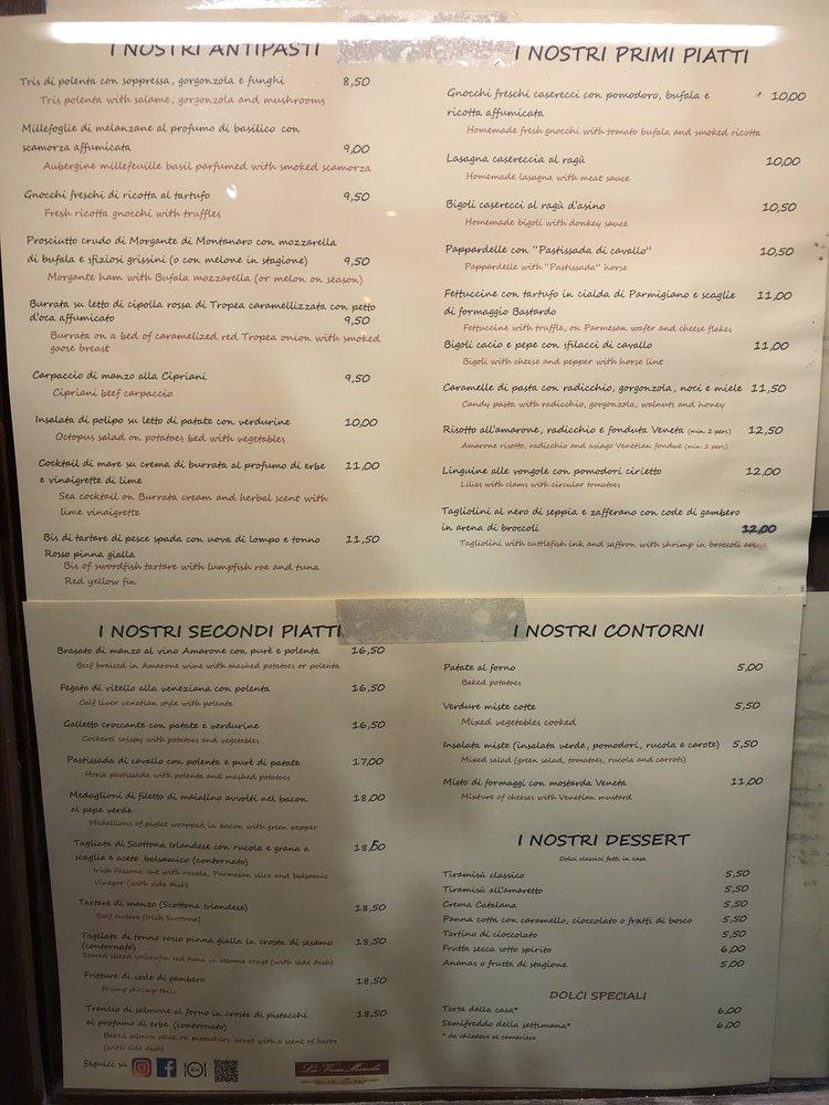 Menu at La Vecia Mescola restaurant, Verona