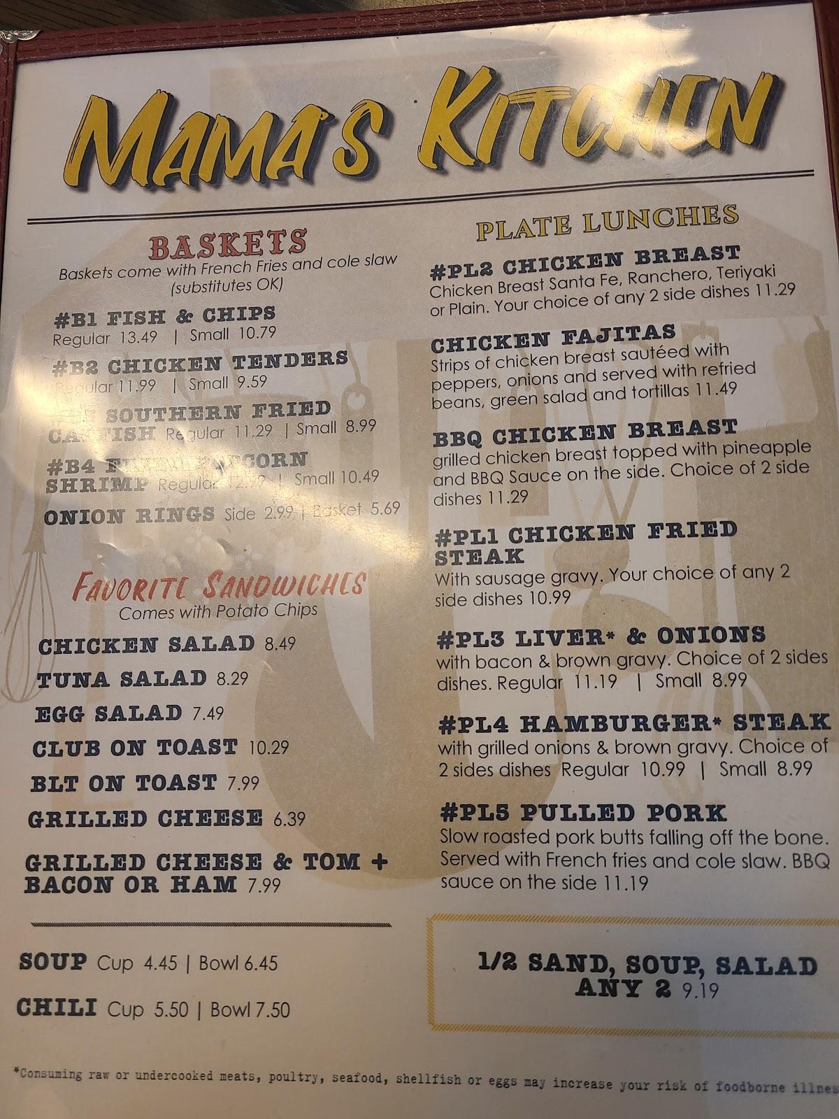 Menu at Mama's Kitchen restaurant, Green Valley