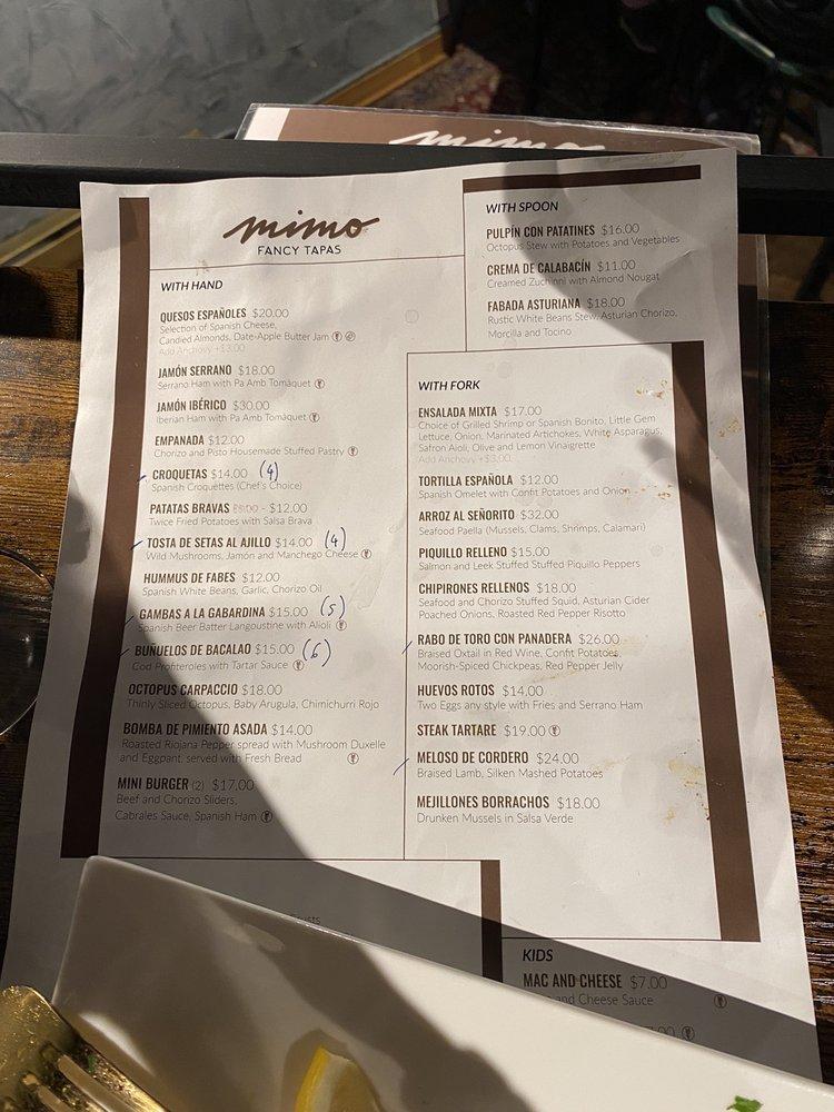 Menu at Mimo Fancy Tapas pub & bar, Breckenridge