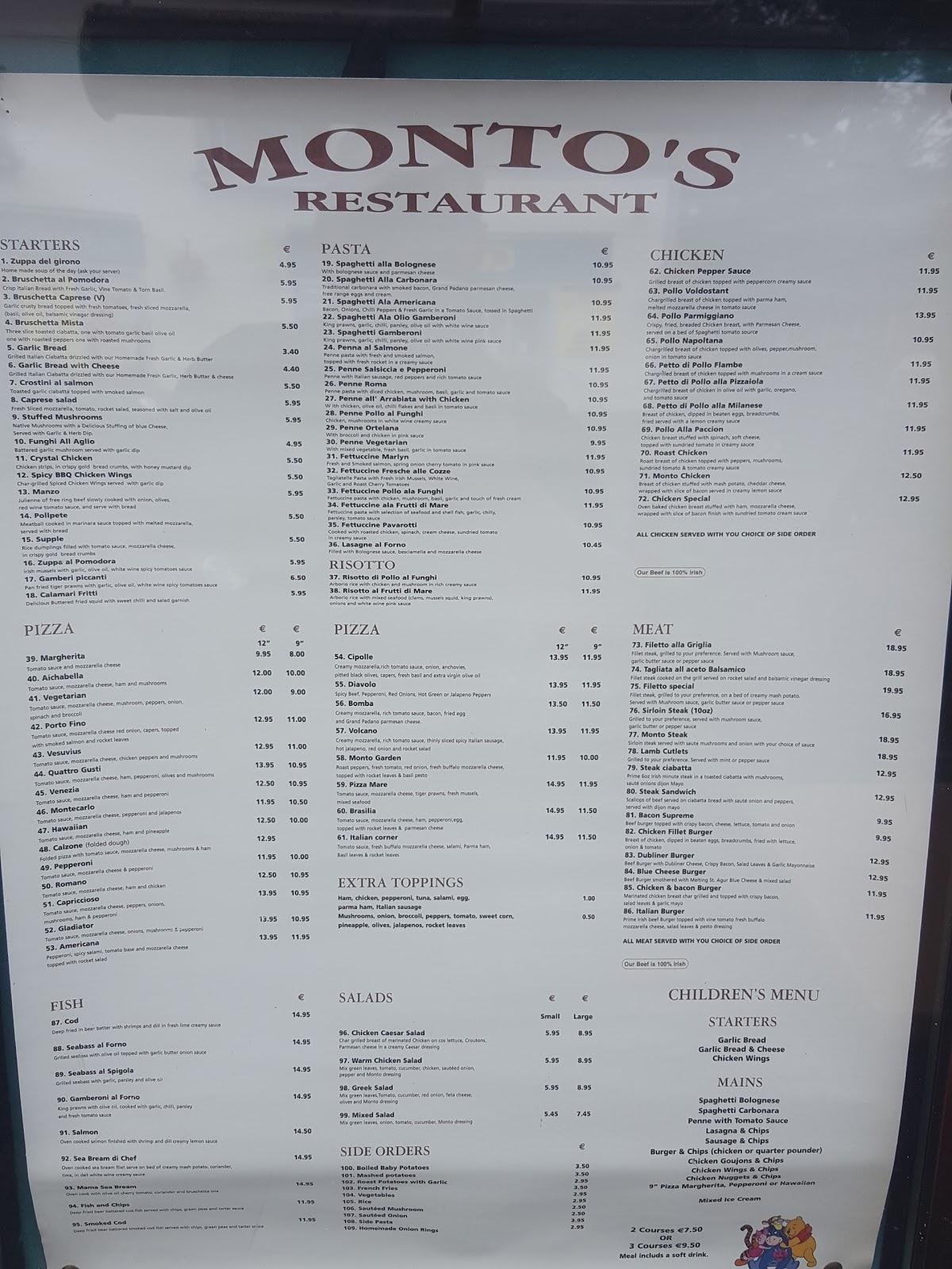 Menu at Monto's restaurant Kilmessan, Kilmessan