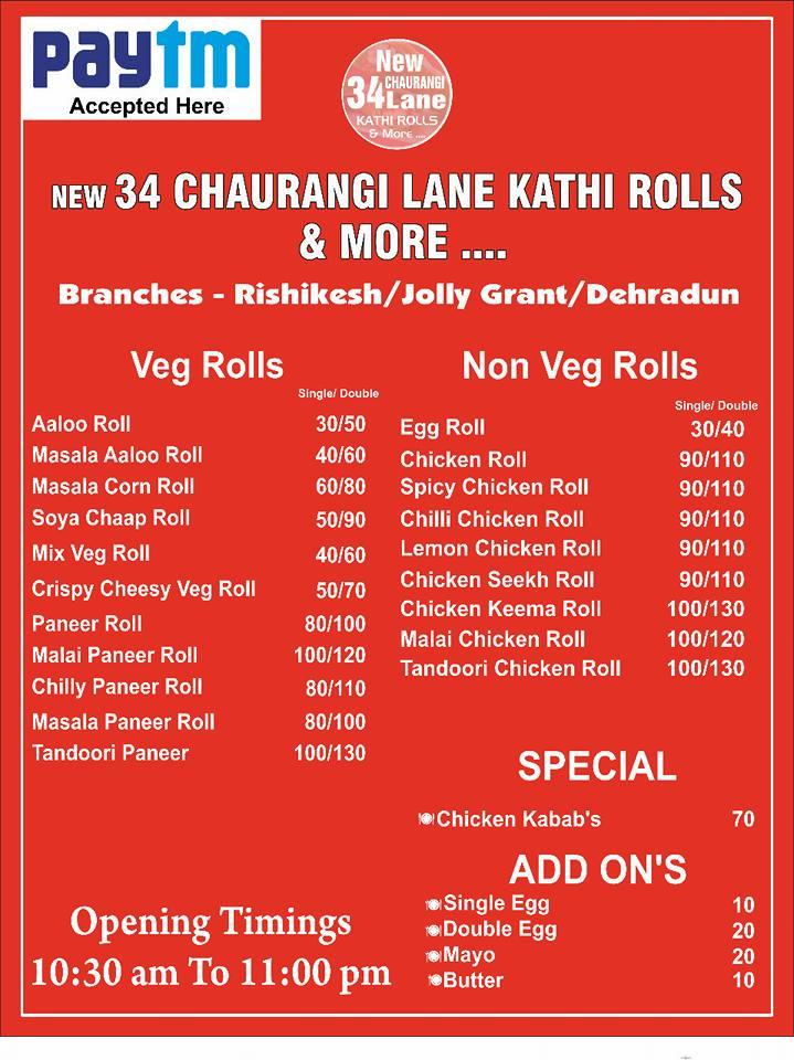 Menu at New 34 Chaurangi Lane Kathi Rolls, Dehradun, 0 Ddn