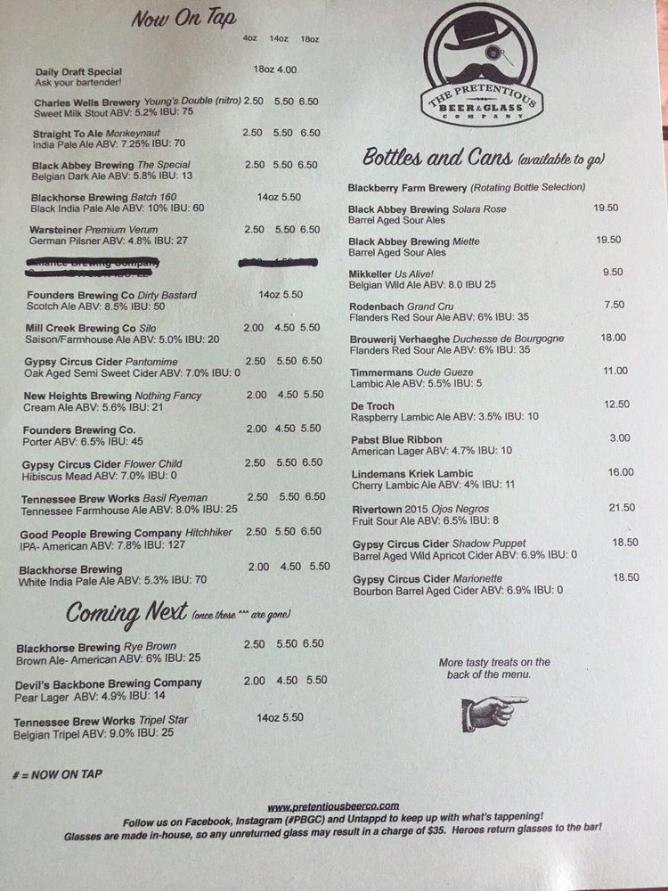 Menu at Pretentious Beer Co pub & bar, Knoxville