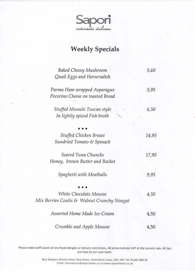 Menu at Sapori Ristorante Italiano restaurant, Chelmsford
