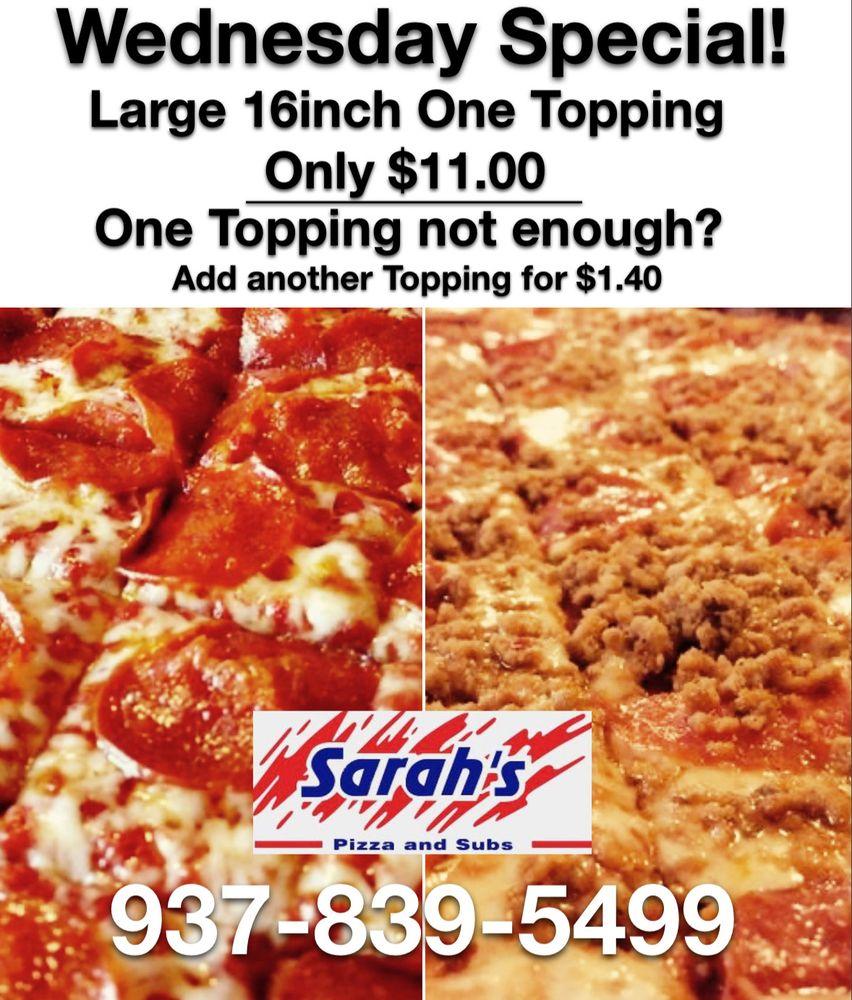 Carta de pizzería Sarah's Pizza, West Alexandria