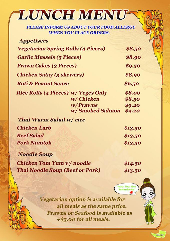 Menu at Tasty Tiny Thai Restaurant, Auckland
