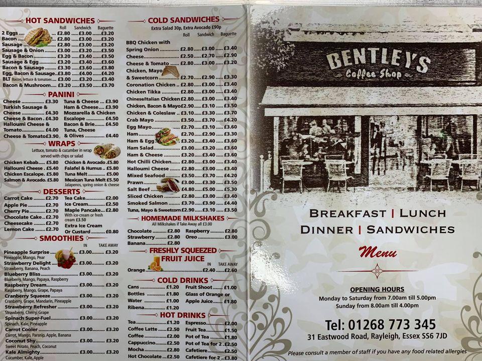 Menu at Bentleys cafe, Rayleigh