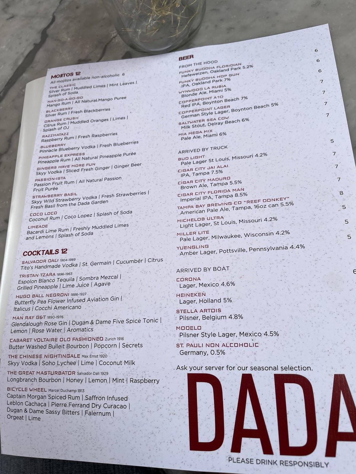 Menu at Dada pub & bar, Delray Beach