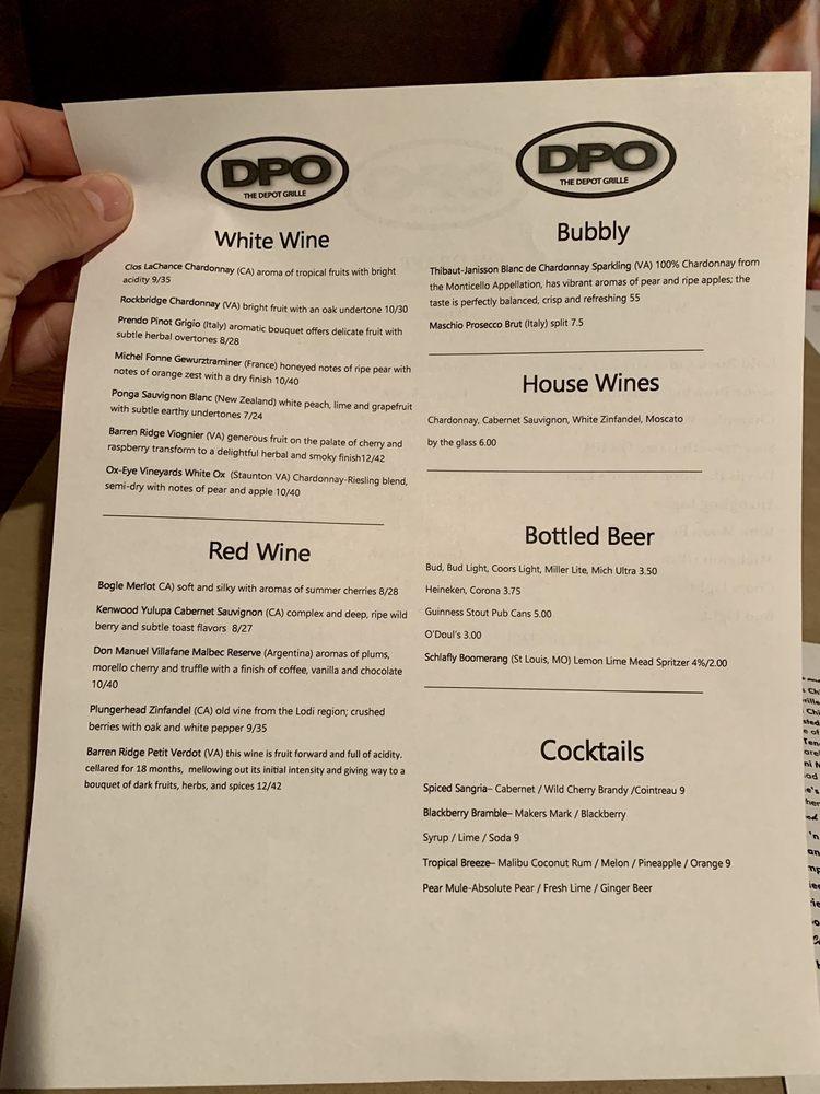 Menu at Depot Grille steakhouse, Staunton
