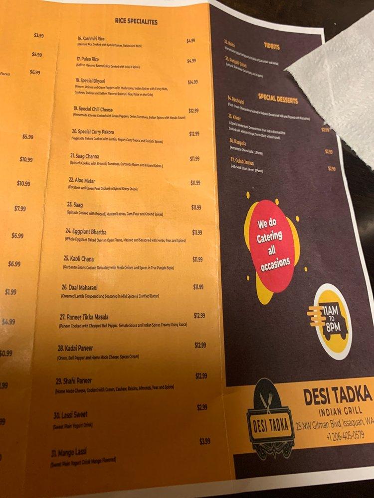 Menu at Desi Tadka restaurant, Issaquah