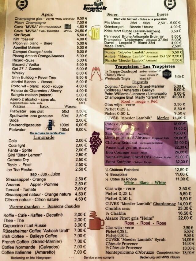 Menu at Moeder Lambik, De Panne