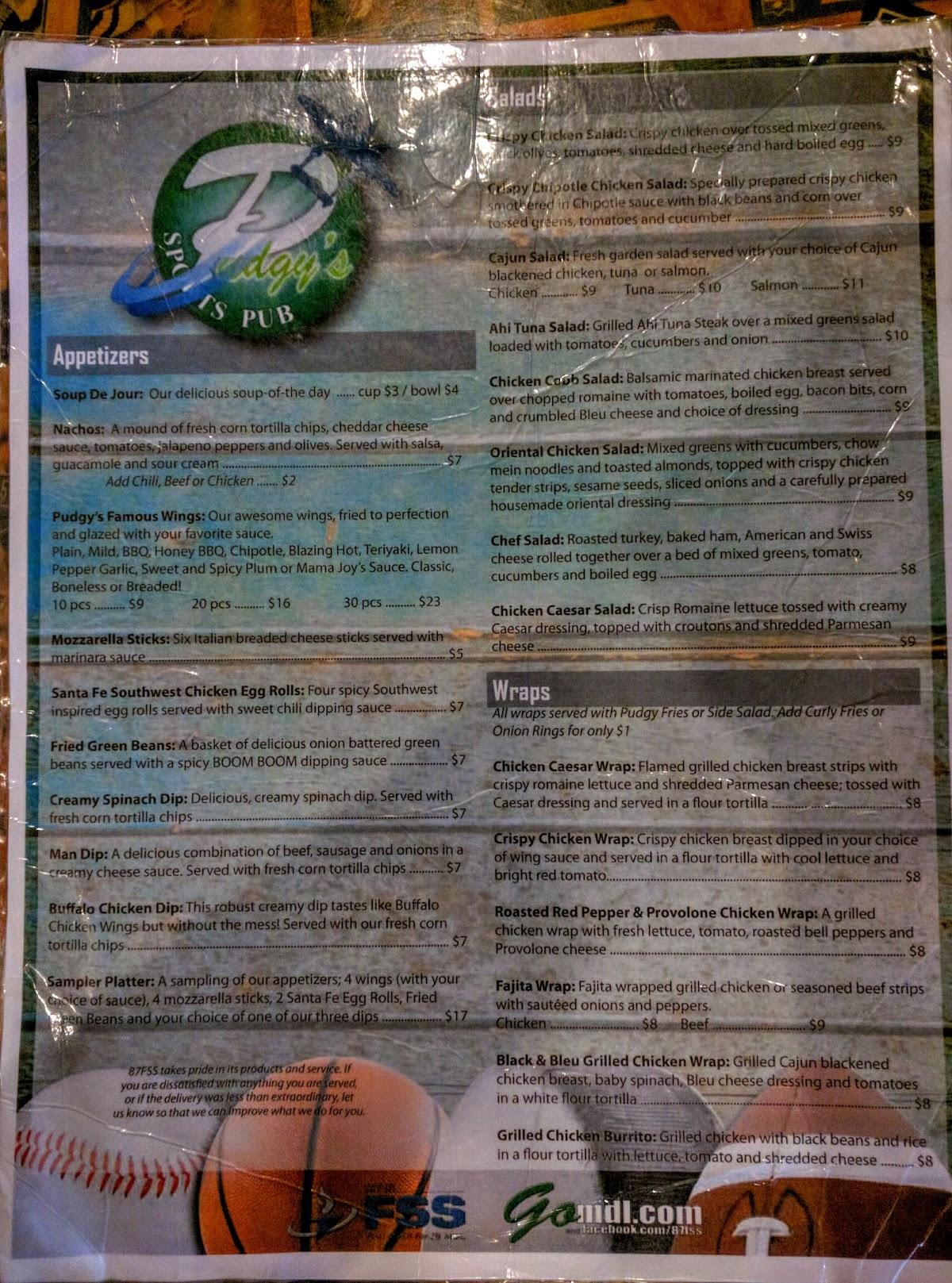 Menu at Pudgy's Sport Pub, McGuire Air Force Base