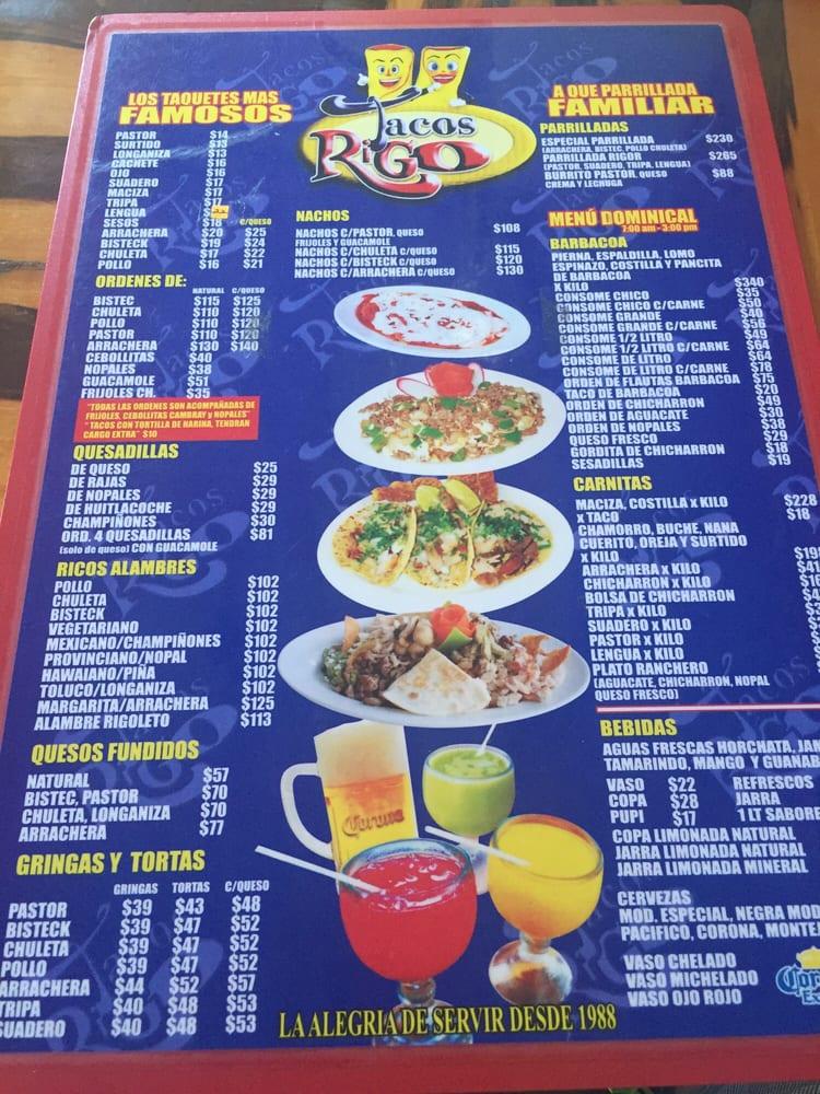 Carta del restaurante Tacos Rigo, Cancún, Playa 50 ‎ Cancun Centro Off ...