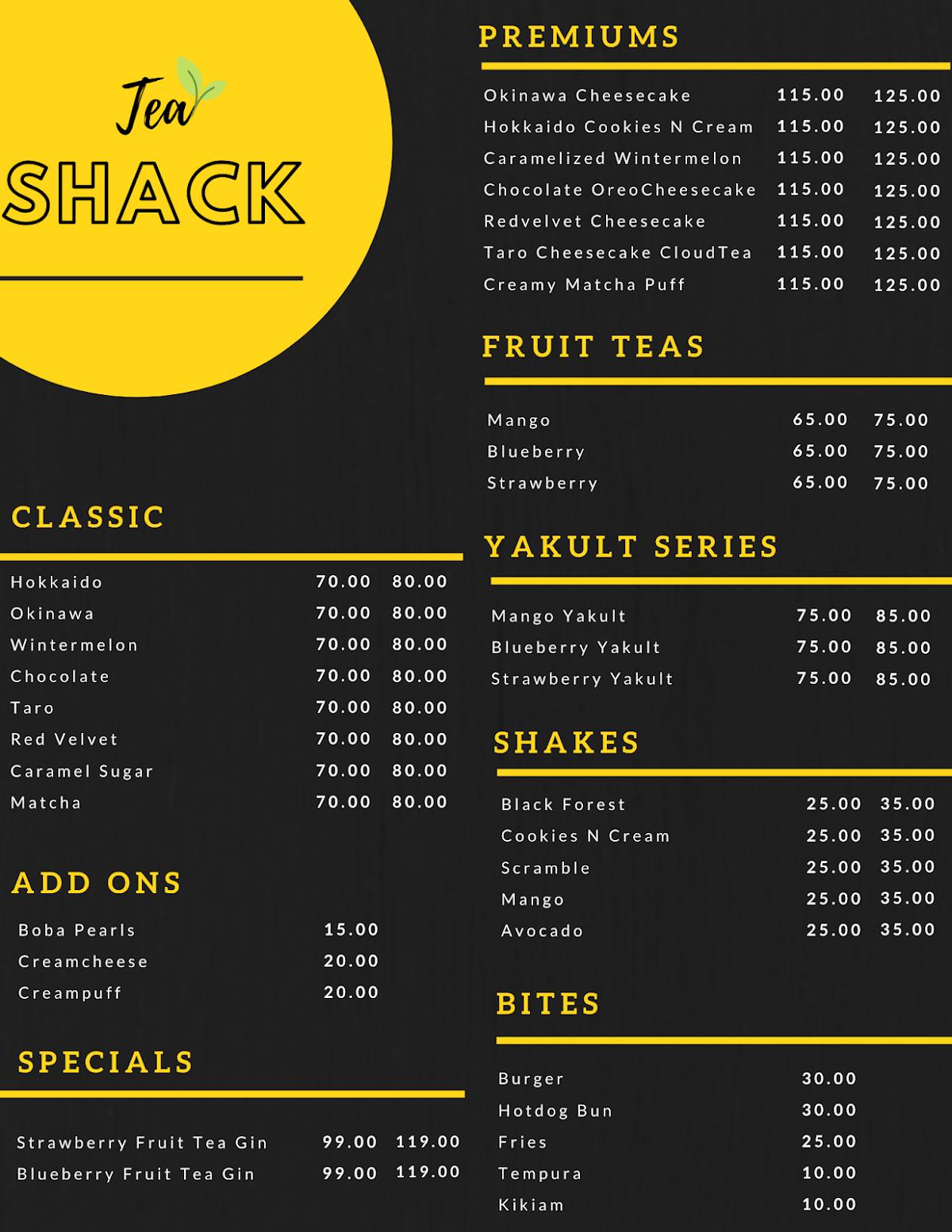 Menu at Tea Shack restaurant, General Santos City