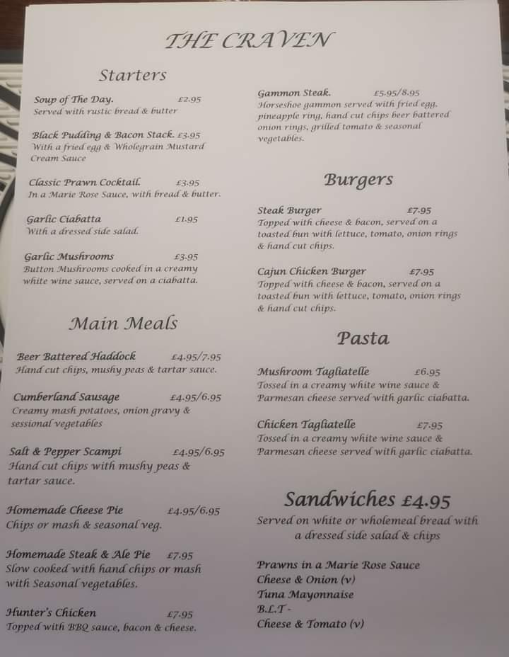 Menu at The Craven Skipton restaurant, Skipton, Craven St