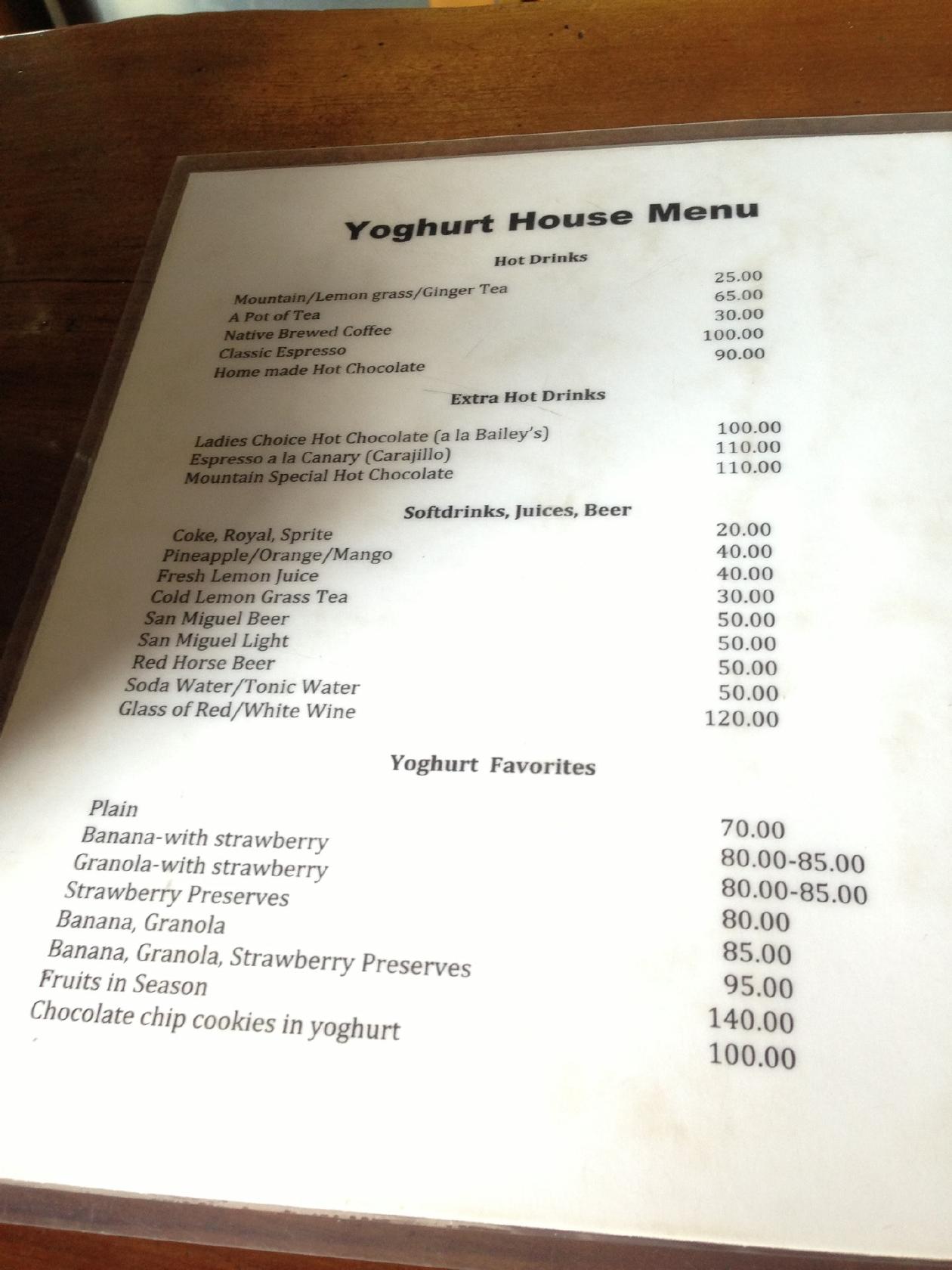 Menu at Yoghurt House restaurant, Sagada, South Rd