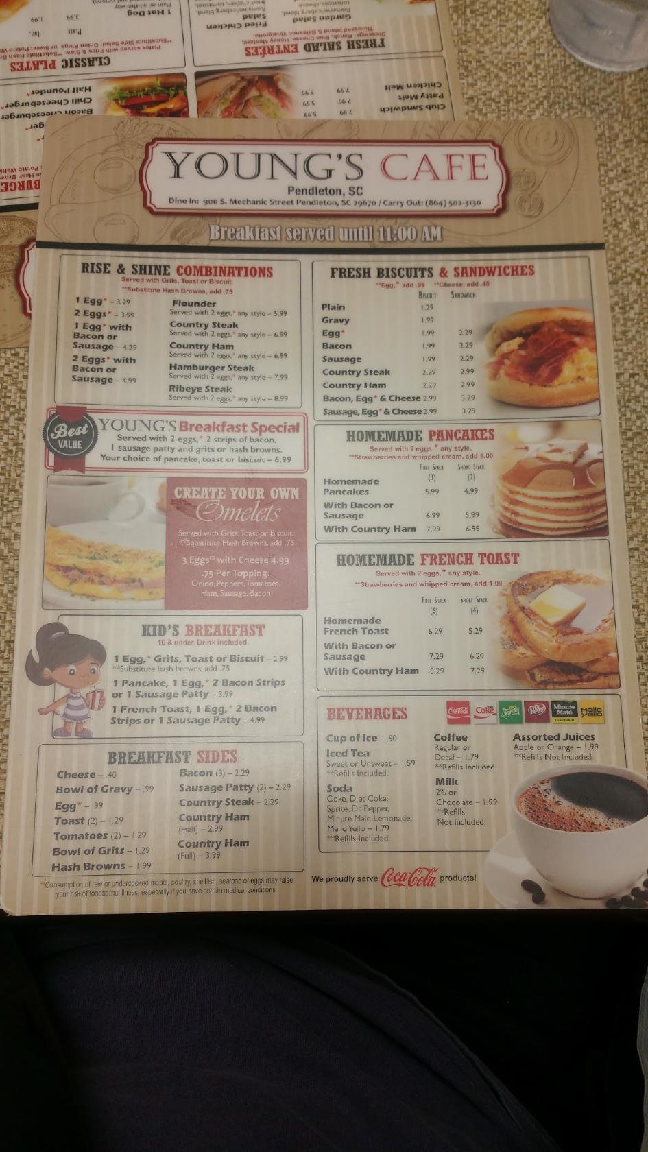 Menu at Young's Cafe, Pendleton