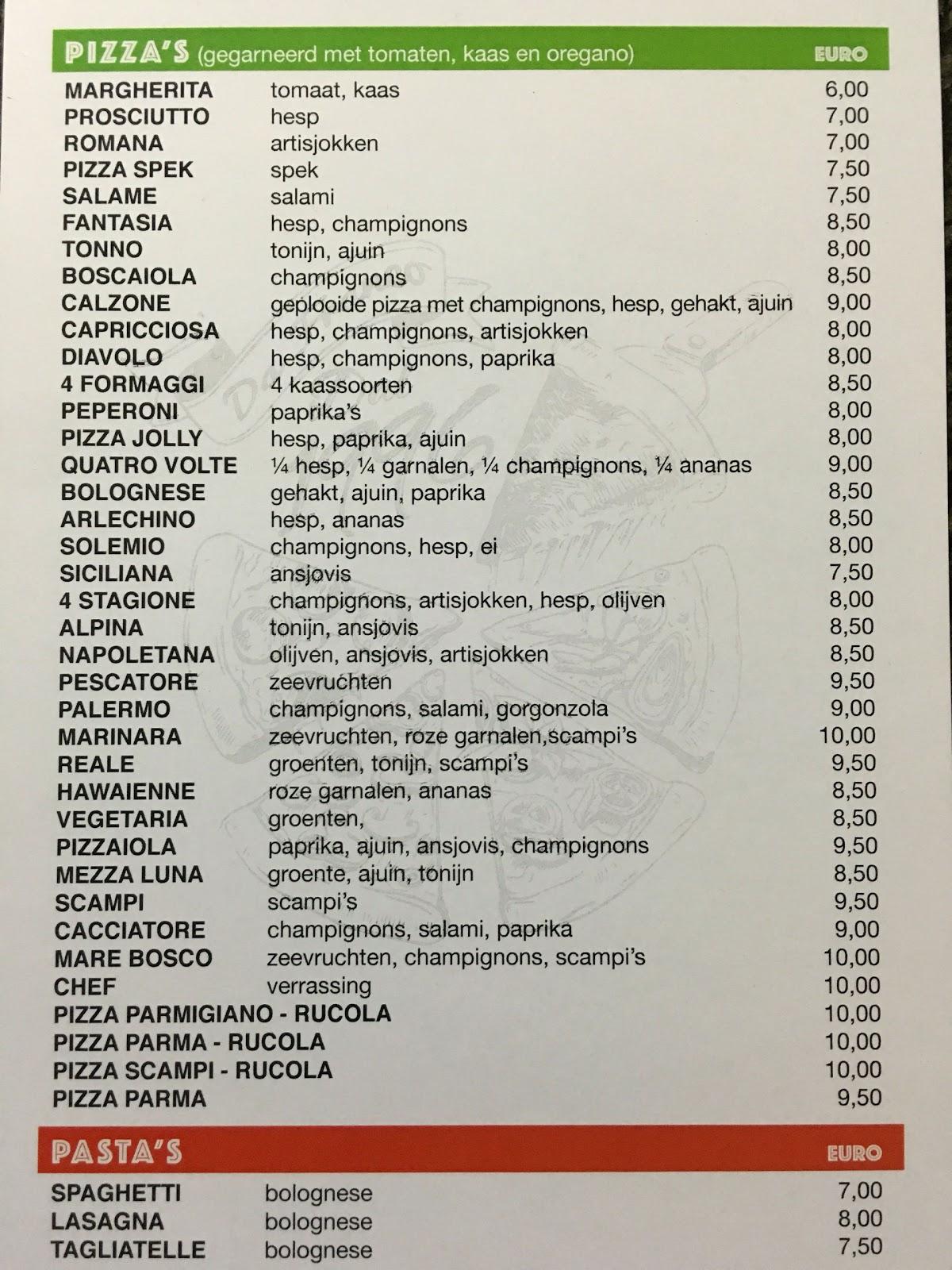 Menu at Da Franco, Peer