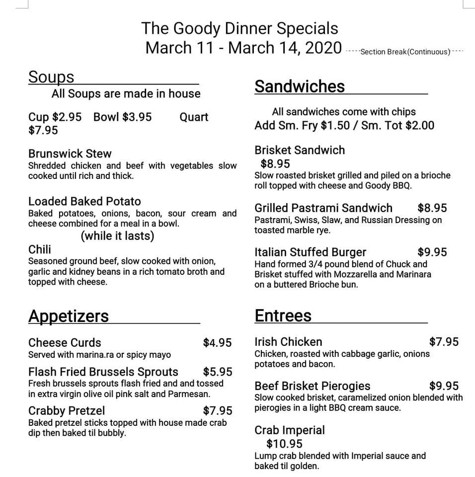 Menu at Goodwill Social Club, Myerstown
