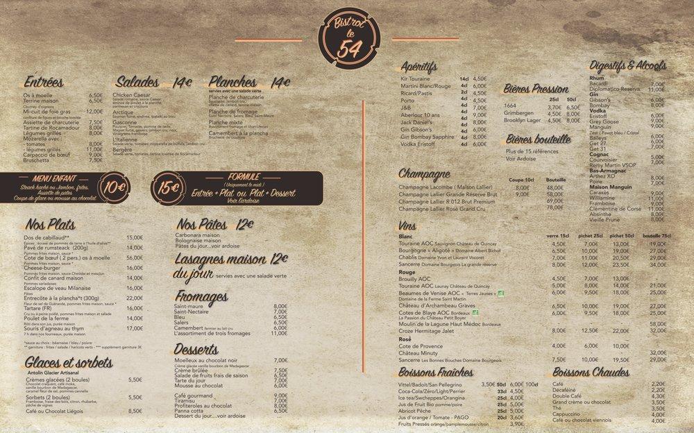 Menu at Le 54 restaurant, Paris, 54 Rue Godefroy Cavaignac
