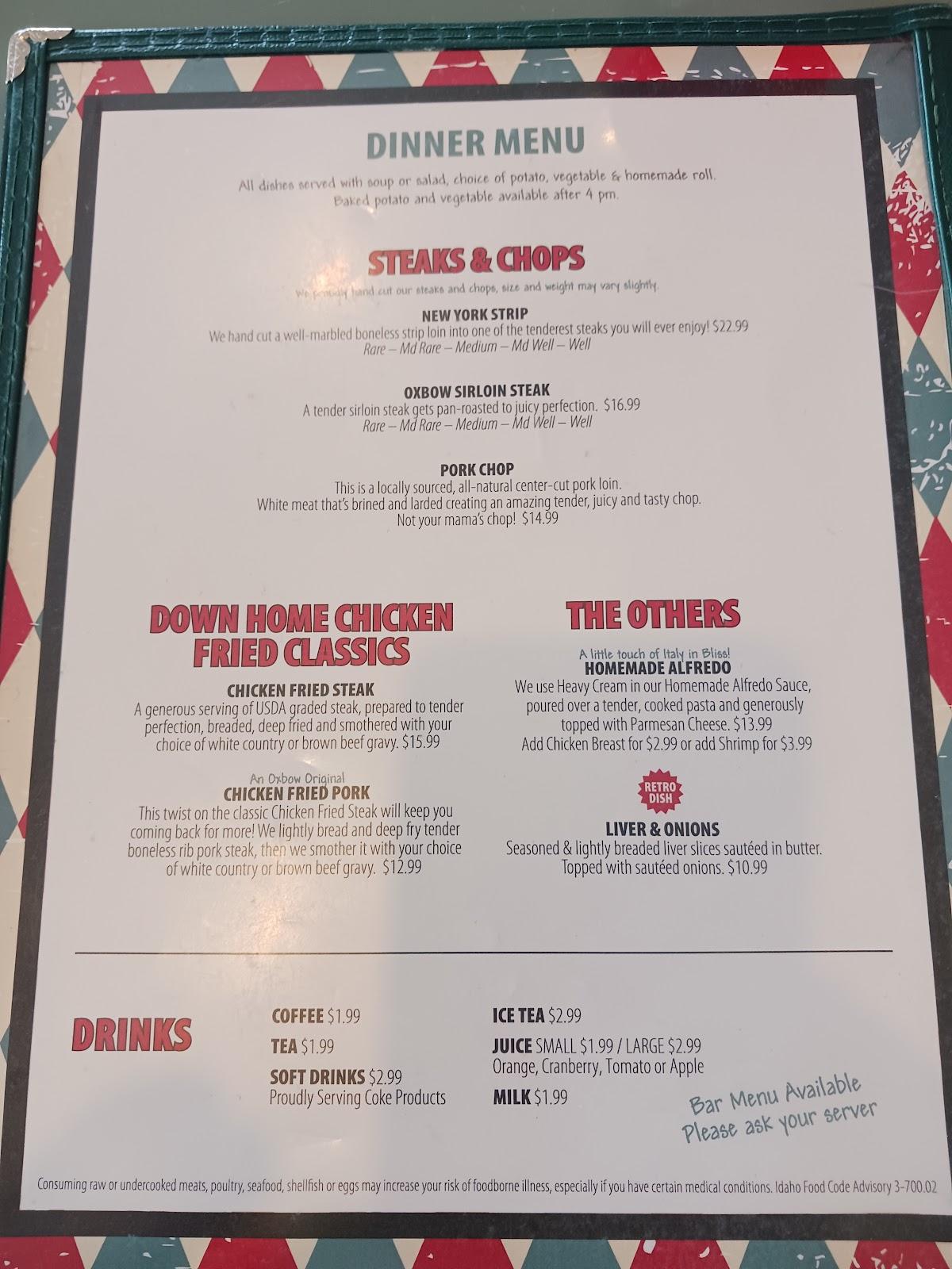 Menu at Oxbow Diner & Spirits cafe, Bliss