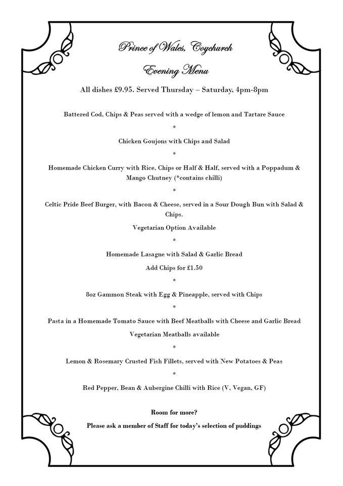 Menu at Prince Of Wales, Coychurch pub & bar, Coychurch, Prince of Wales