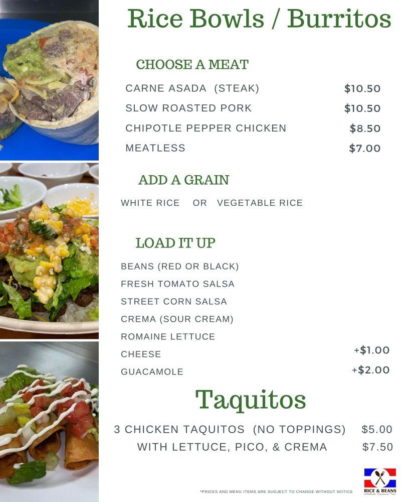 Menu at Rice and Beans 603 restaurant, Salem