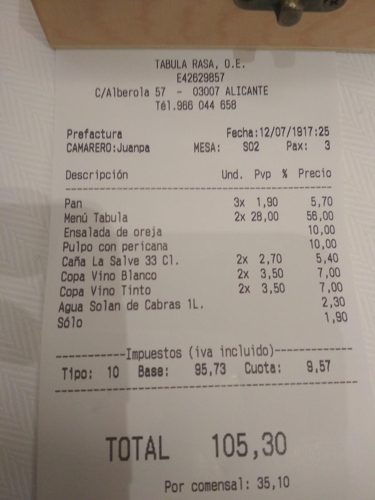 Carta del restaurante Tabula Rasa, Alicante, C. Alberola