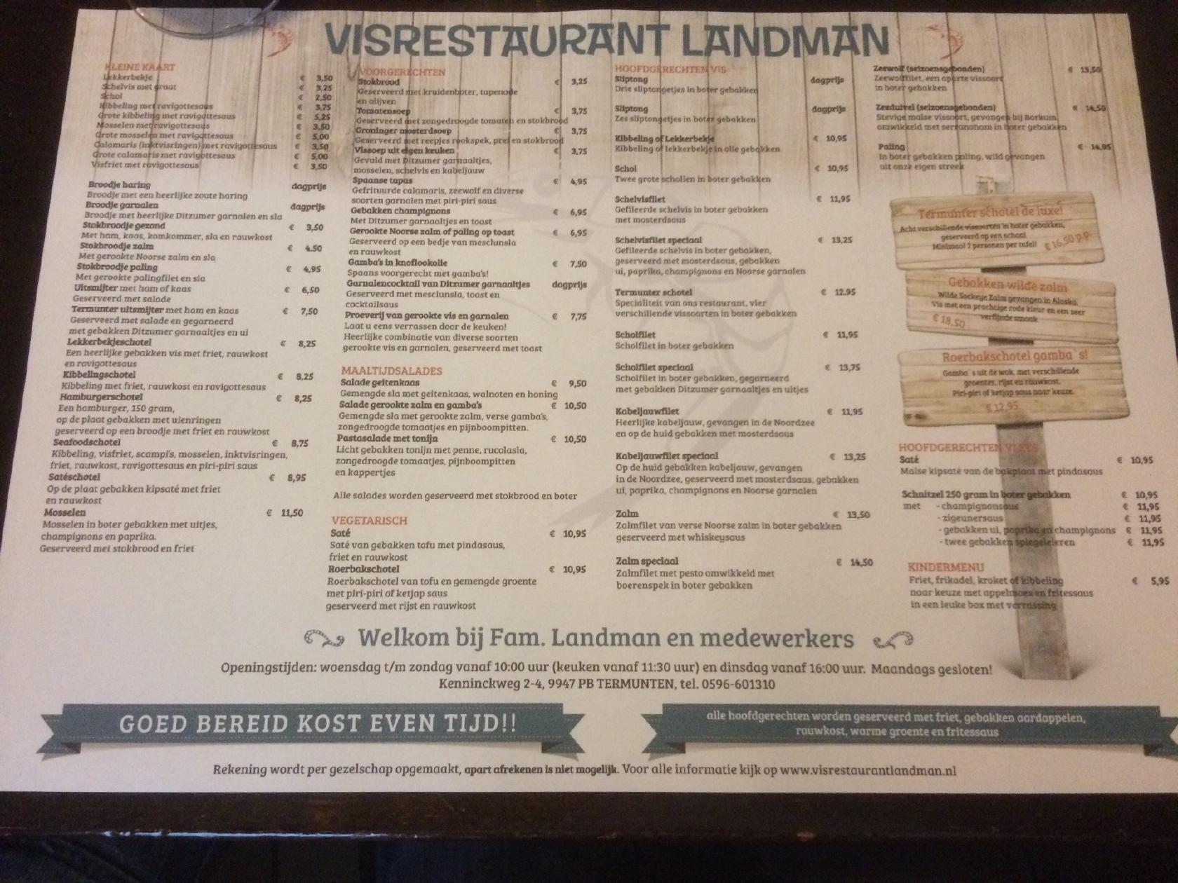 Menu at Vishandel & Restaurant Landman, Termunten